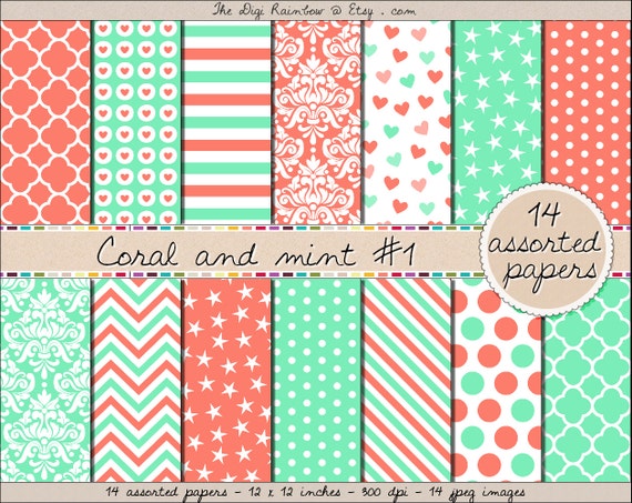 SALE coral and mint digital paper pastel digital by TheDigiRainbow