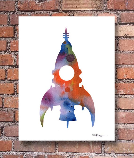 Rocket Ship Art Print Abstract Watercolor Painting