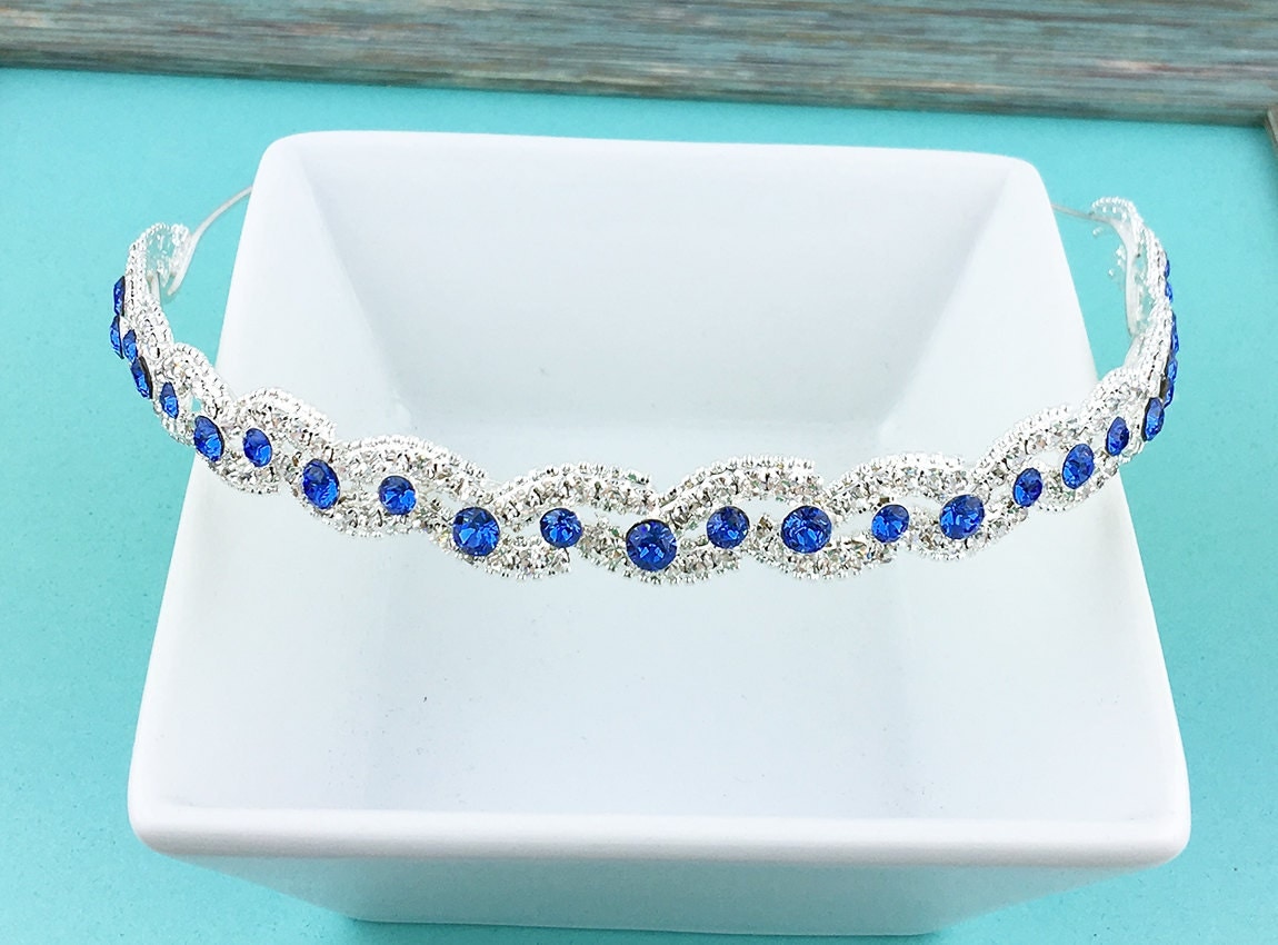 Blue Bridal Headband Swarovski Crystal Sapphire Rhinestone