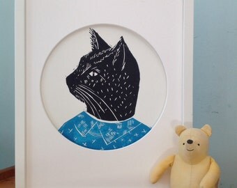 Cat lino print | Etsy