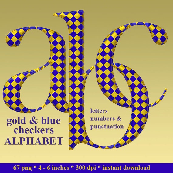 Blue and gold checkers digital alphabet clipart checkered