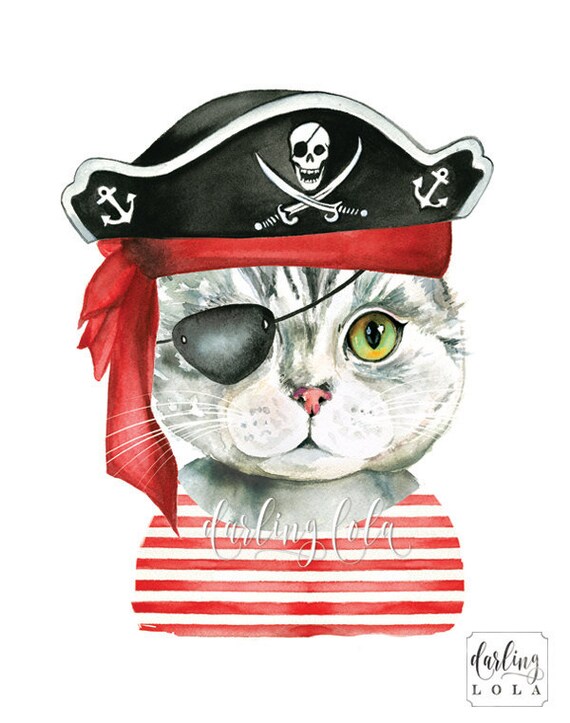 Cat Watercolor Print Pirate Cat Cat Art Illustration