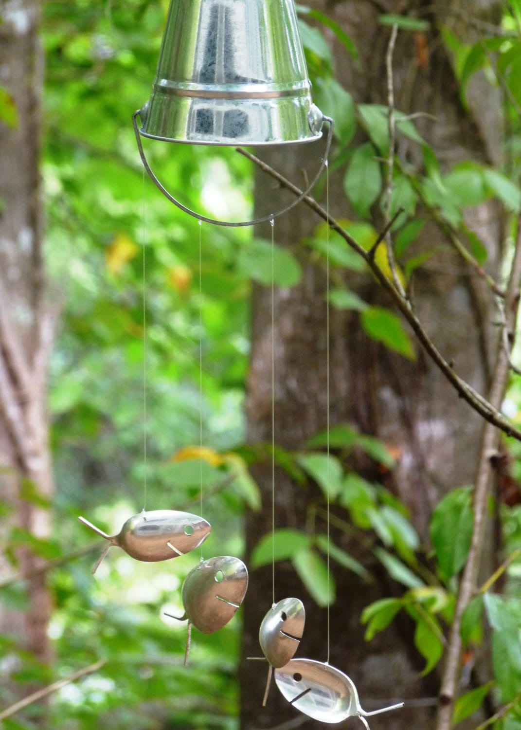 Silver Bait Bucket & Spoon Fish Wind Chime Vintage Style