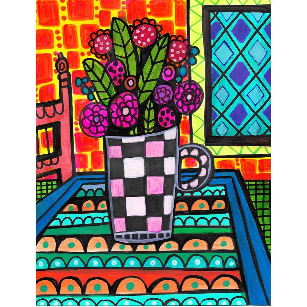 Coffee Cup Flowers Original Painting by Heather Galler Mexican