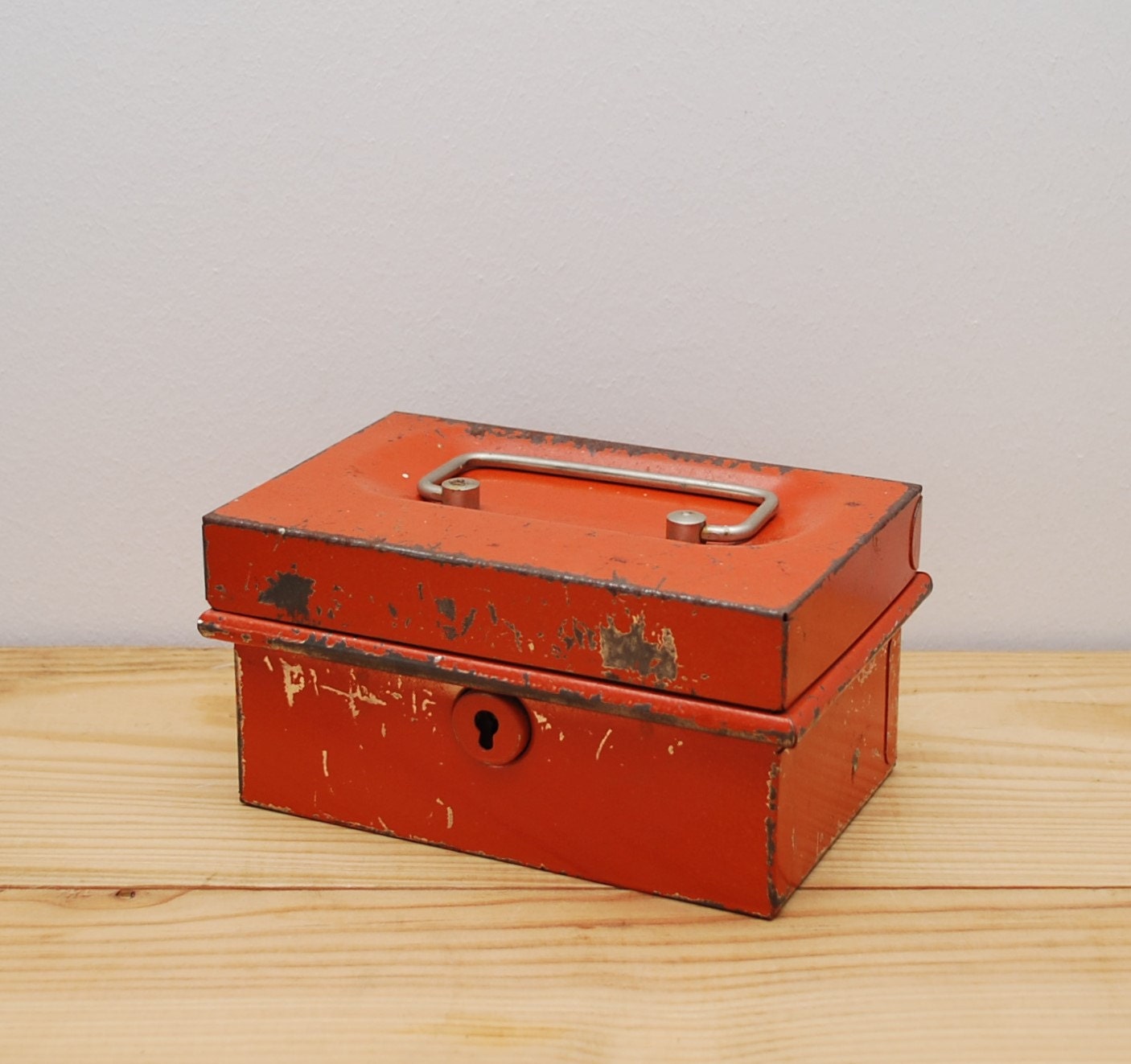 Vintage cash box, orange tin money box, rectangular tin with hinged tin ...