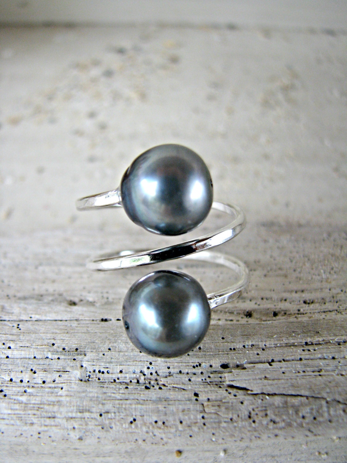 Double Pearl Ring Black Pearl Silver Ring Two Pearl Ring
