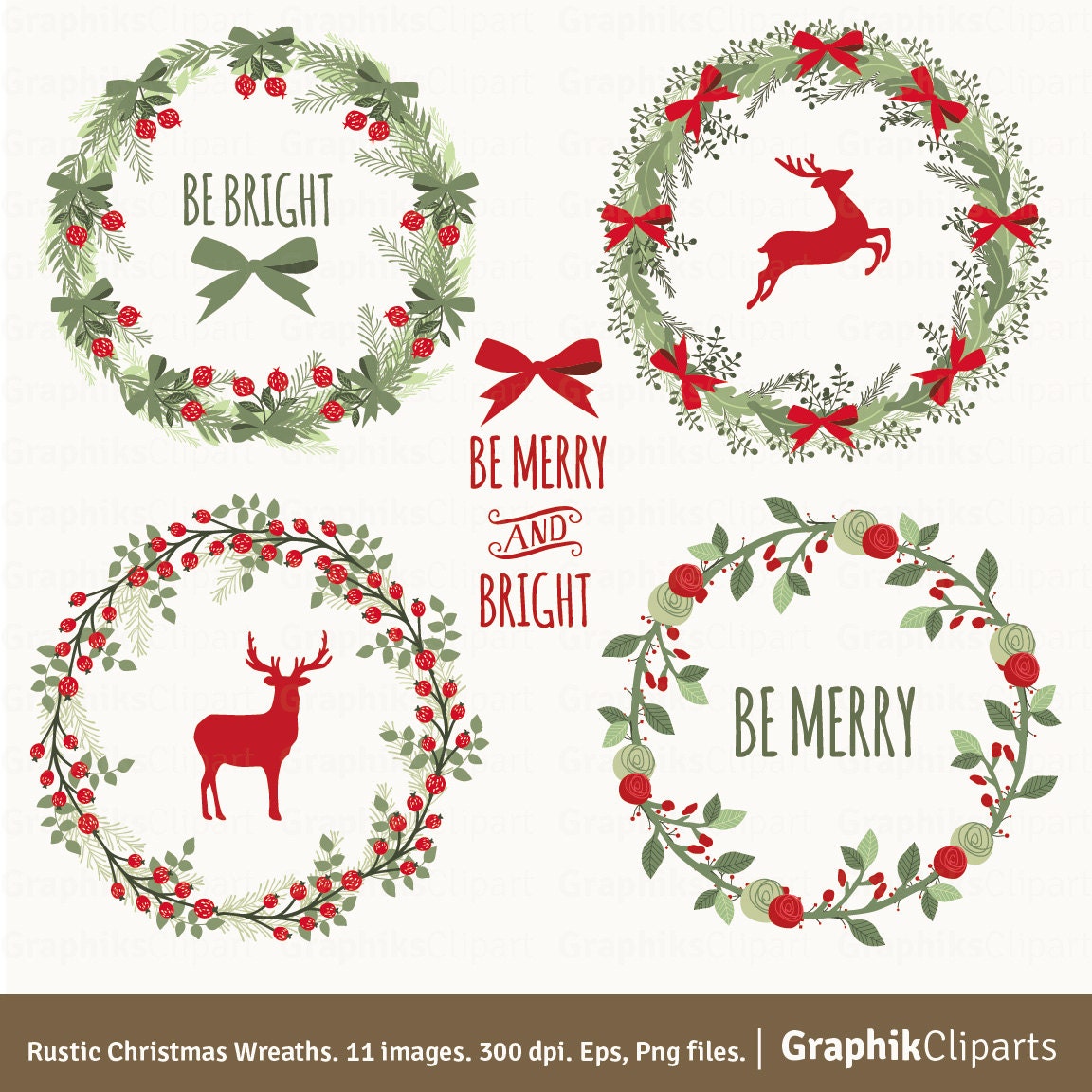 Rustic Christmas Wreaths Clipart. RUSTIC