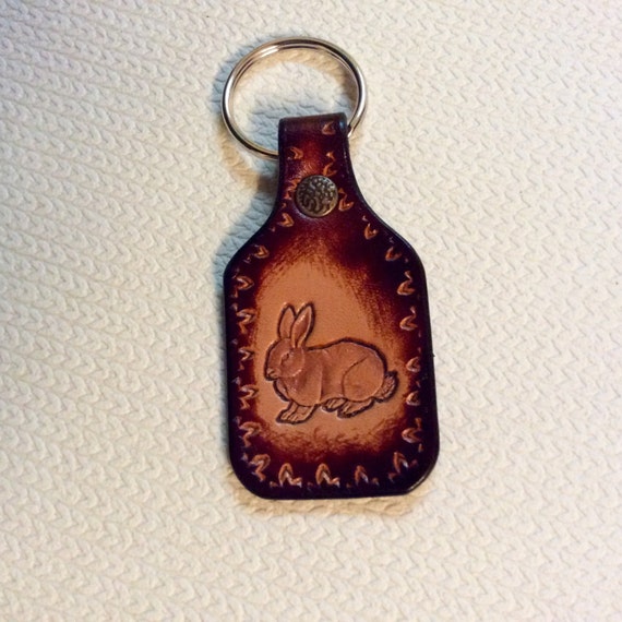 Rabbit key fob leather keychain rabbit on key chain tooled