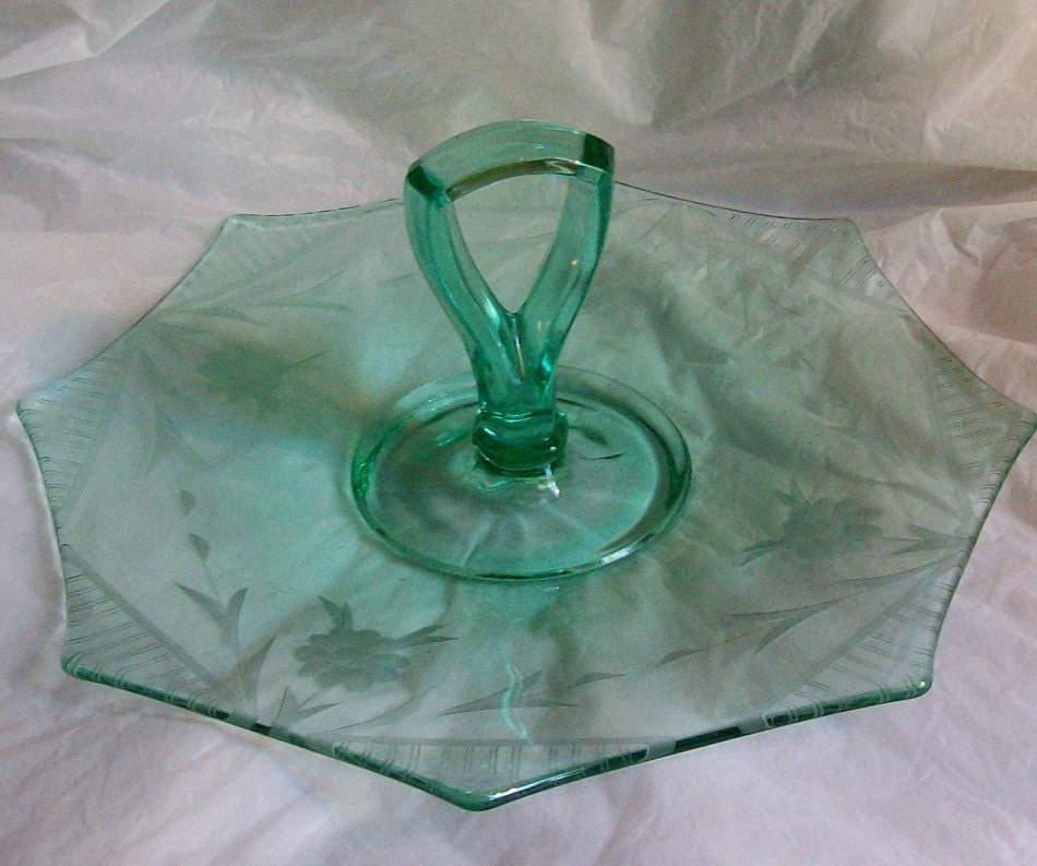 Green Depression Glass Handled Tray with Floral Etch Vintage ...