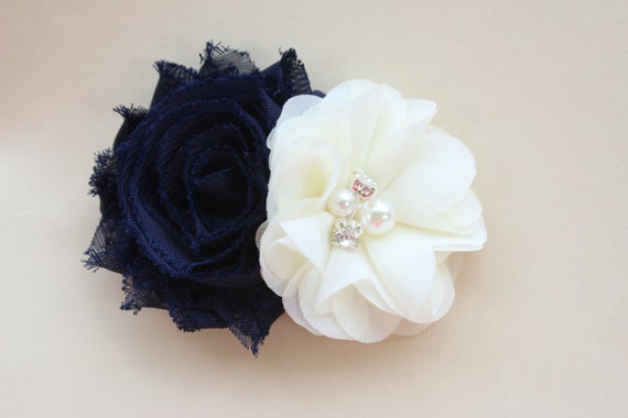 Navy blue flower girl hair clip navy blue and ivory flower