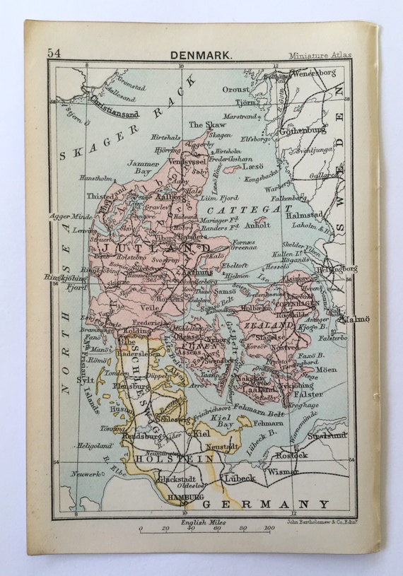 Vintage map of Denmark genuine 1891 antique handcut with