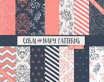 Unique coral and navy wedding invitations related items | Etsy