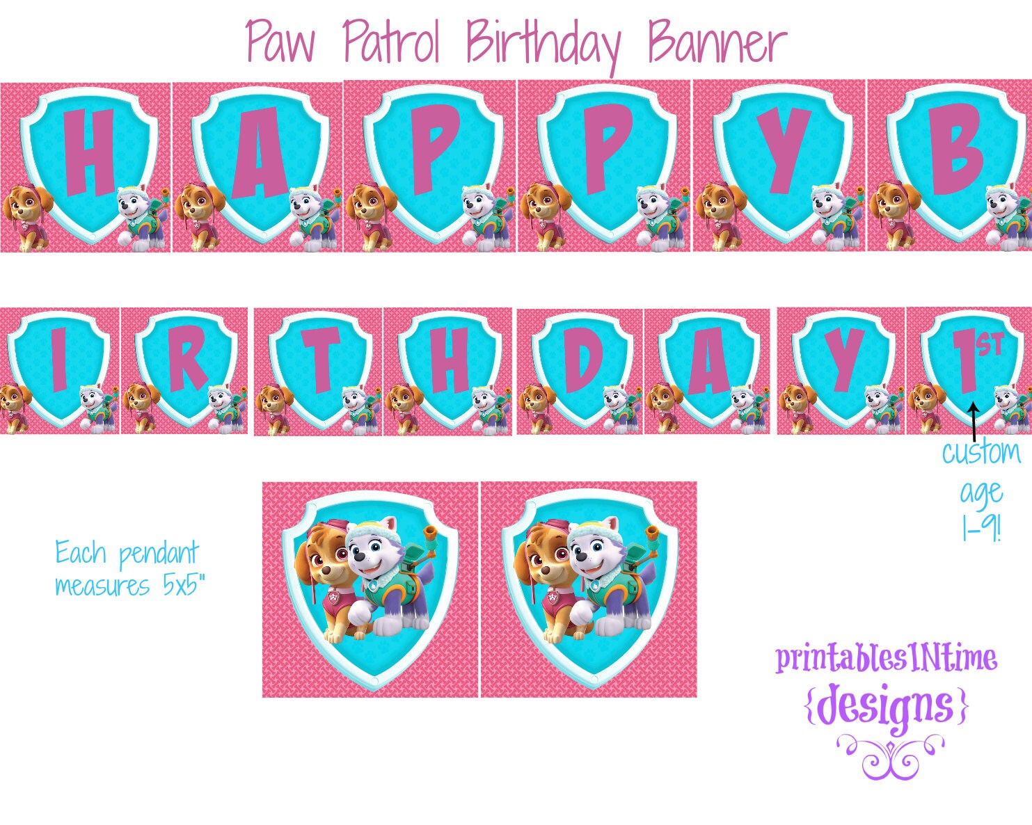 Paw Patrol Birthday Banner Girl Pink & Blue by PrintablesINTime