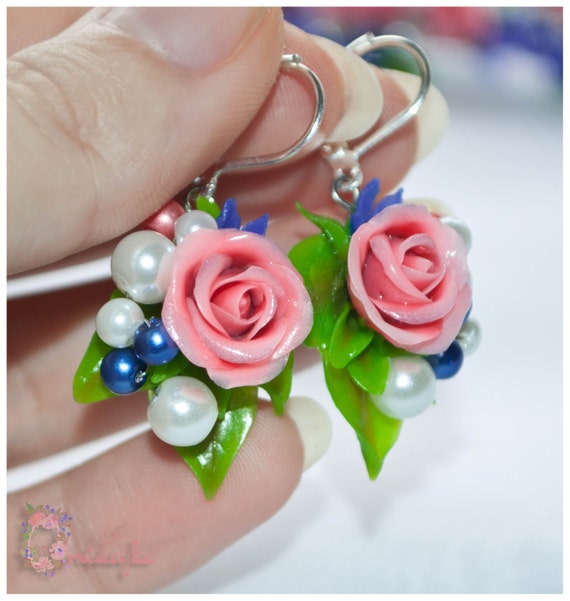 rose jewelry set pink blue rose necklace rose earrings