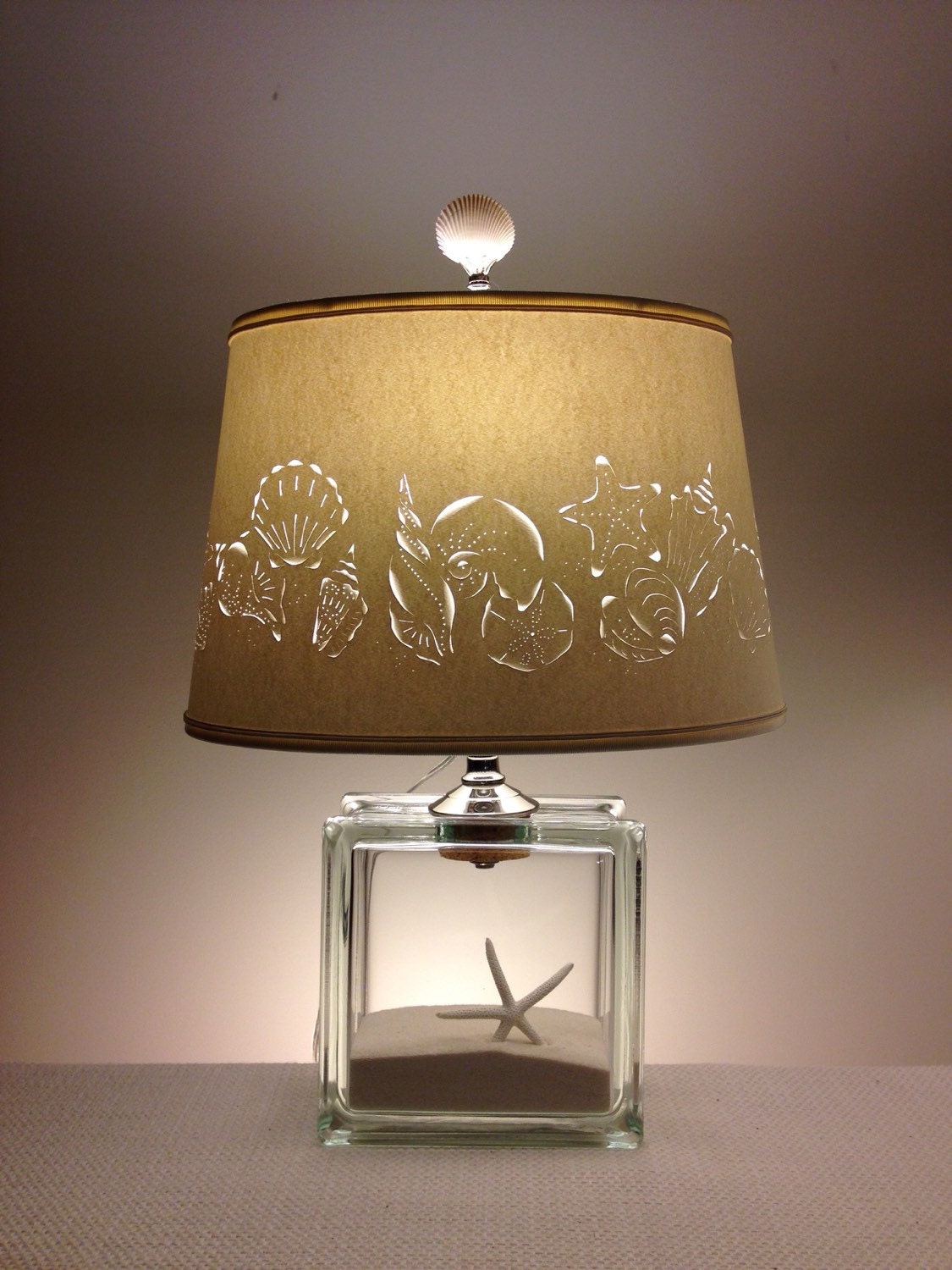 Glass Block Lamp with Hand Cut Seashell Lampshade Fillable