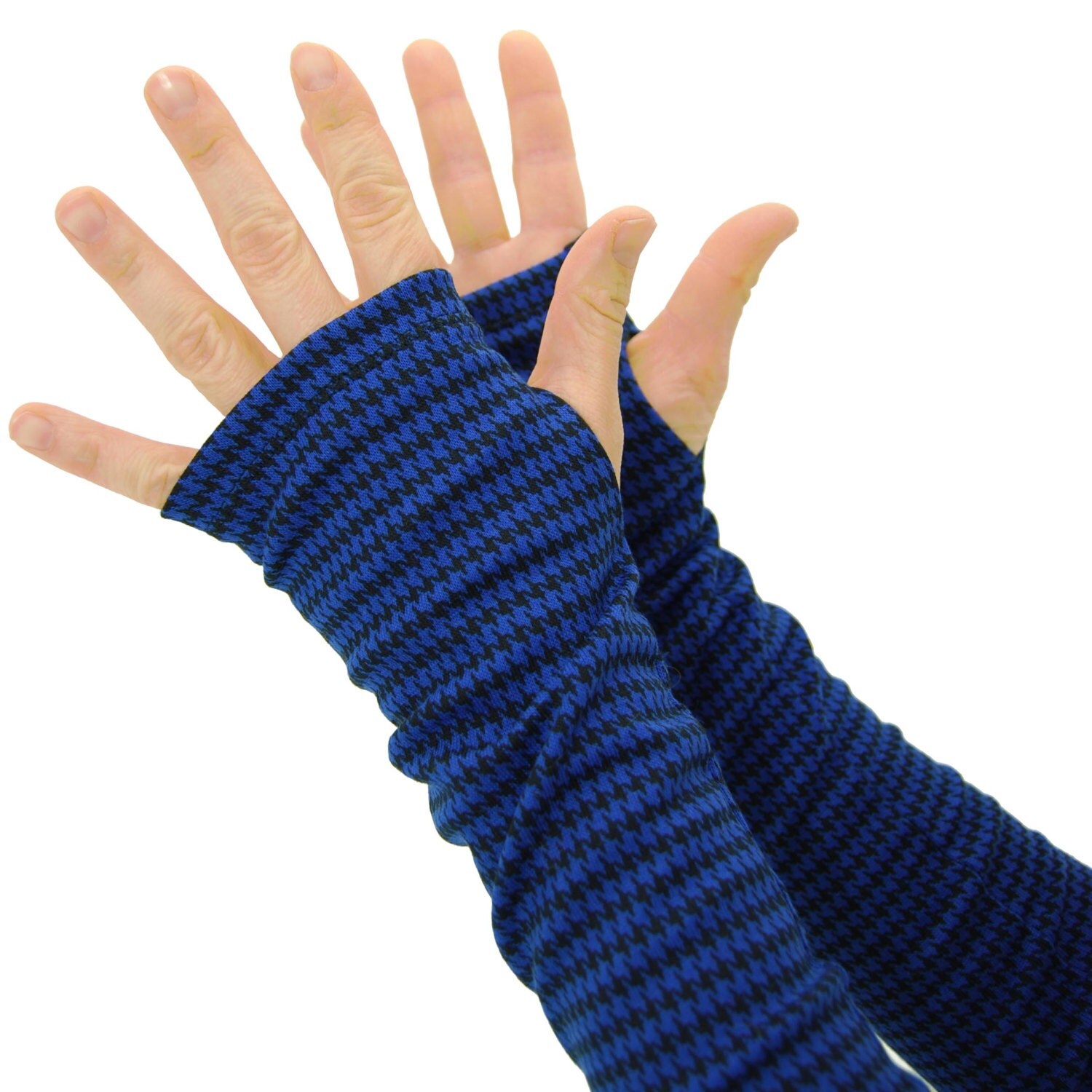 Arm Warmers in Cobalt Blue and Black Fingerless by mirabeans