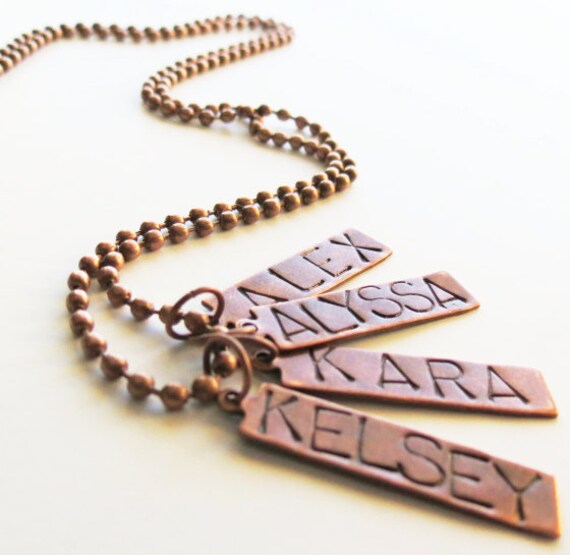 Items similar to FOUR COPPER Hand Stamped Name Tags & CHAIN on Etsy