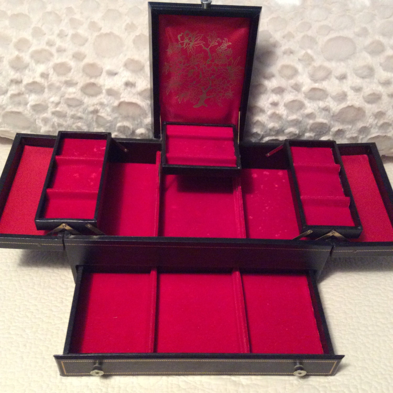 Vintage Large Black 4 Tier Jewelry Box Red Satin 1960s – Haute Juice