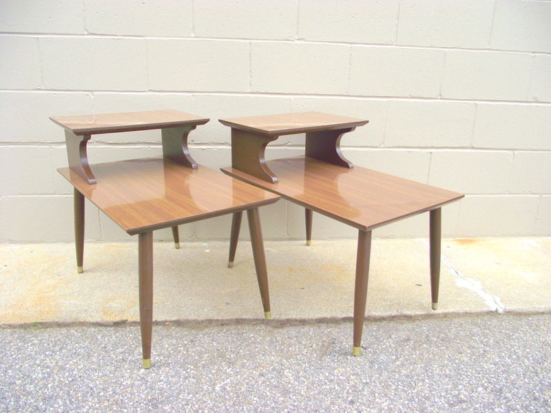 2 Mid Century 2 Tier Step Back Side Tables – Retro Atomic End Tables ...