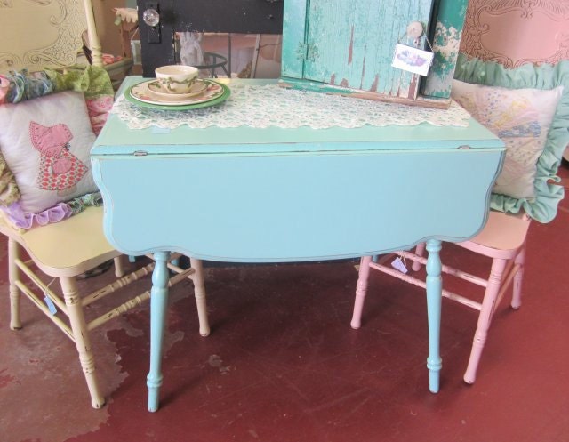 Hand Painted Drop Leaf Kitchen Table Robins Egg Blue Shabby Cottage ...