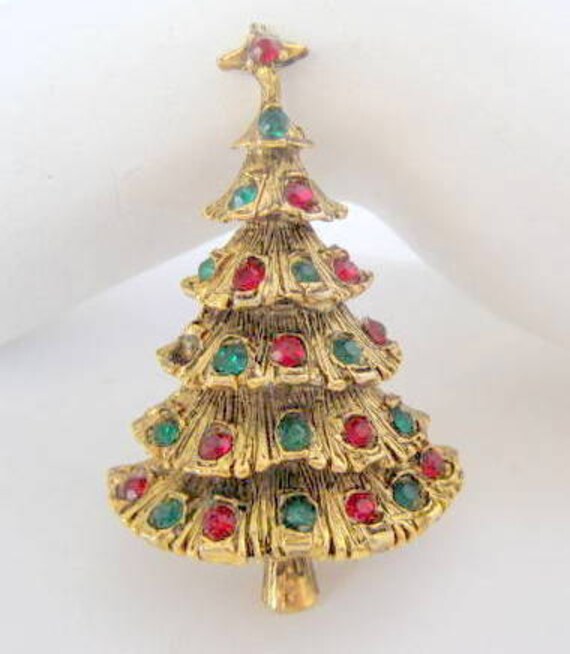 Christmas Tree Pin Red Green Rhinestone Brooch