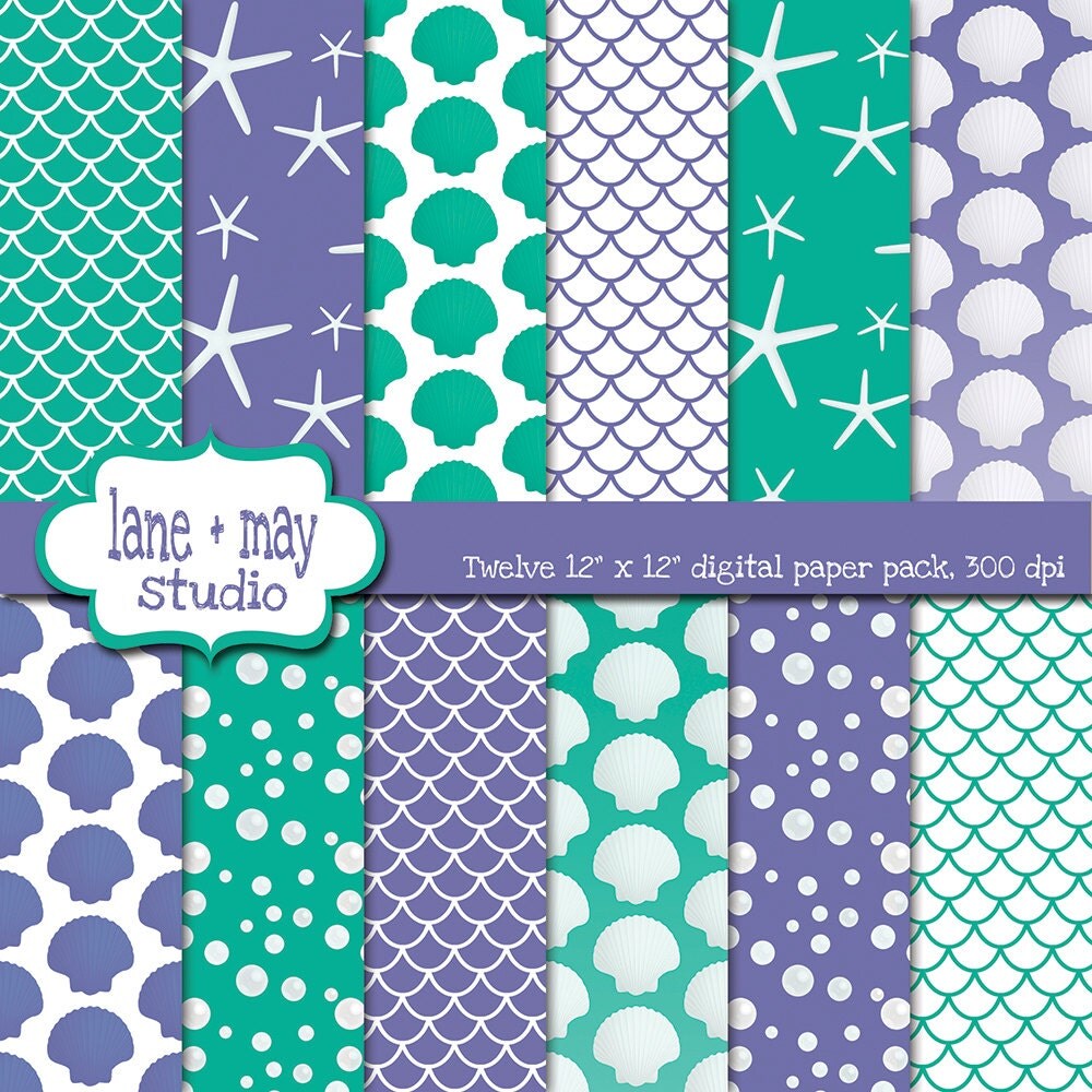 digital papers mermaid theme patterns aqua green and