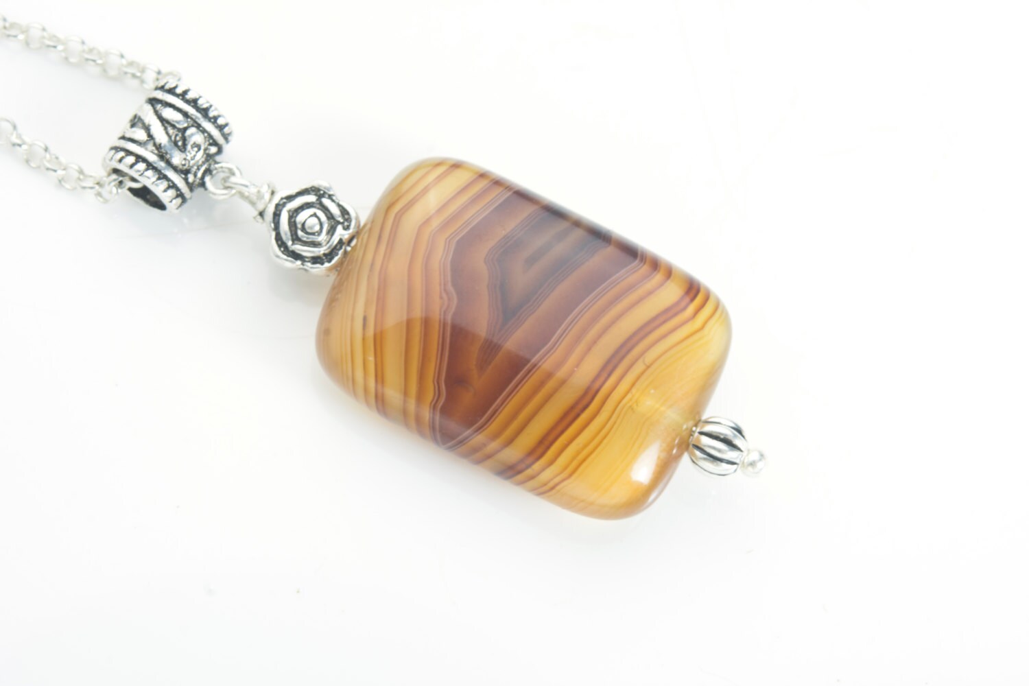brown banded agate pendant necklace, rectangle gemstone ,geometric ...