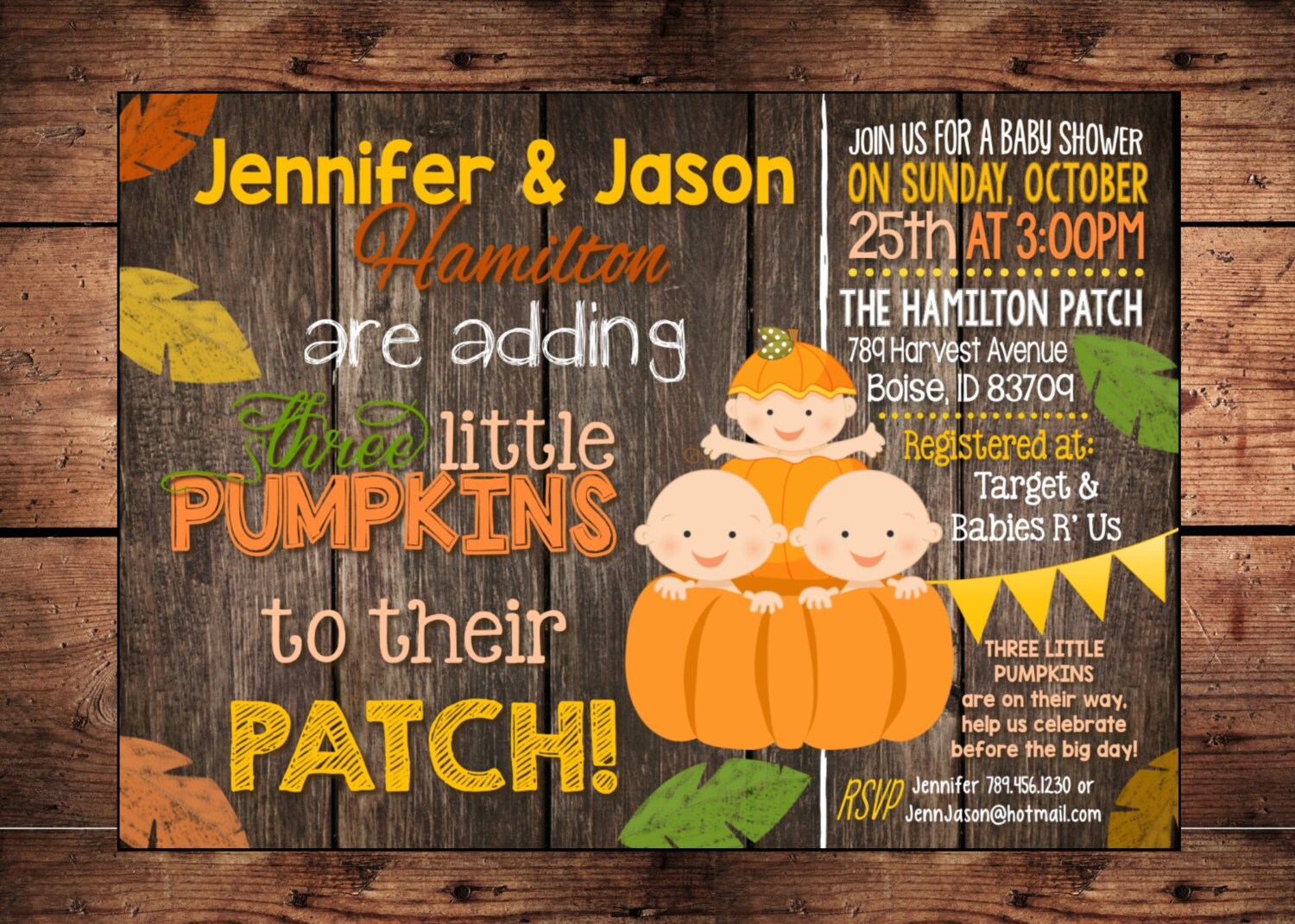 Pumpkin Patch Baby Shower Invitation Triplets Baby Shower