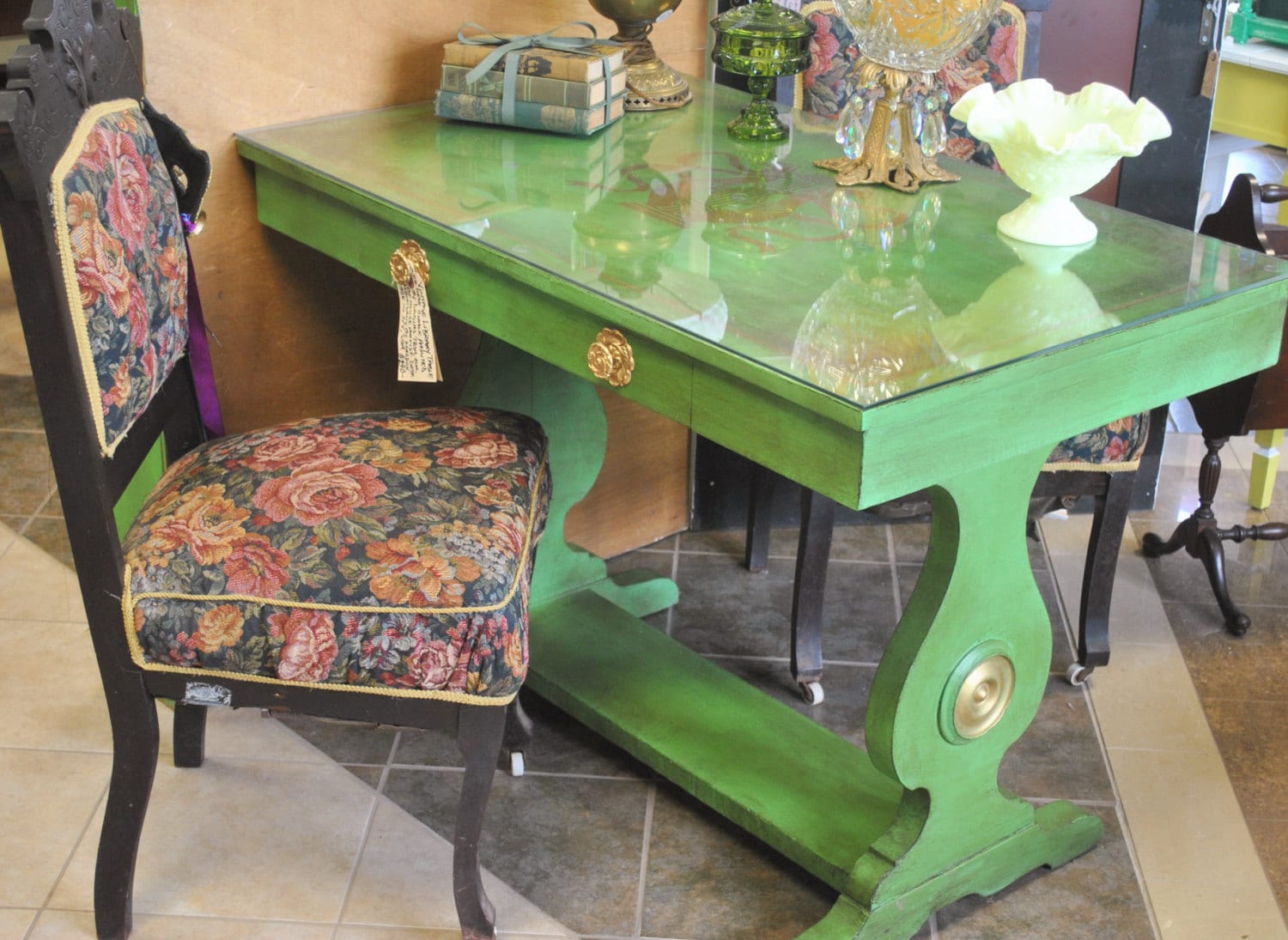 Vintage Library Table or Desk Hand Painted With Green and Gold Chalk ...