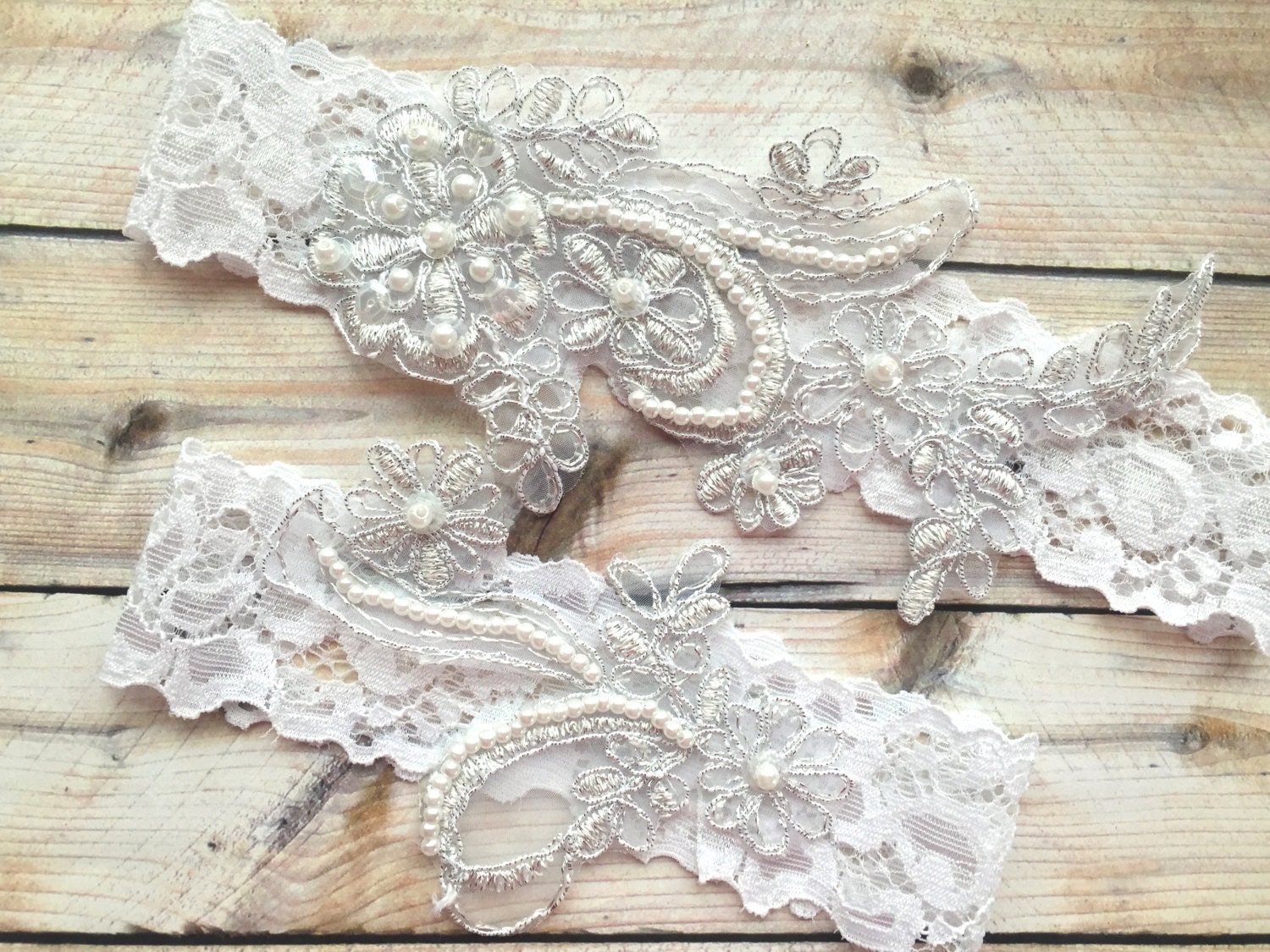 Silver Garter Set White Lace Garter White Wedding Garter