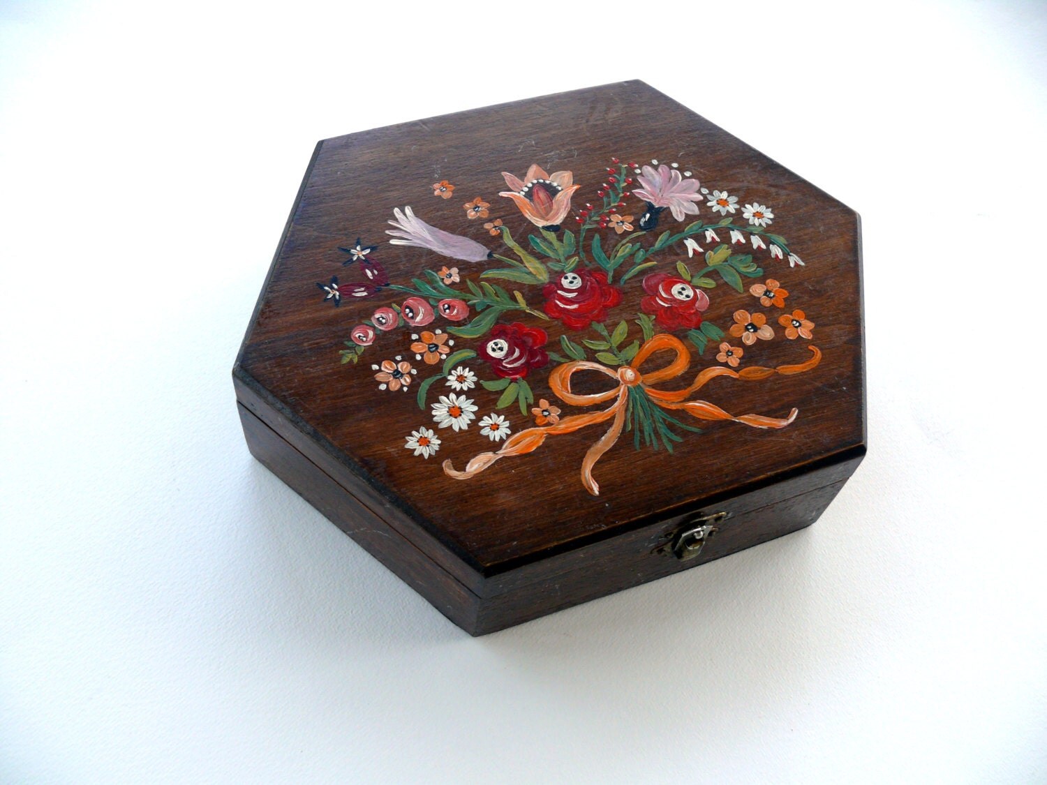 Vintage French Hand Painted Wooden Box with Hinged Lid and Lining, Hand ...