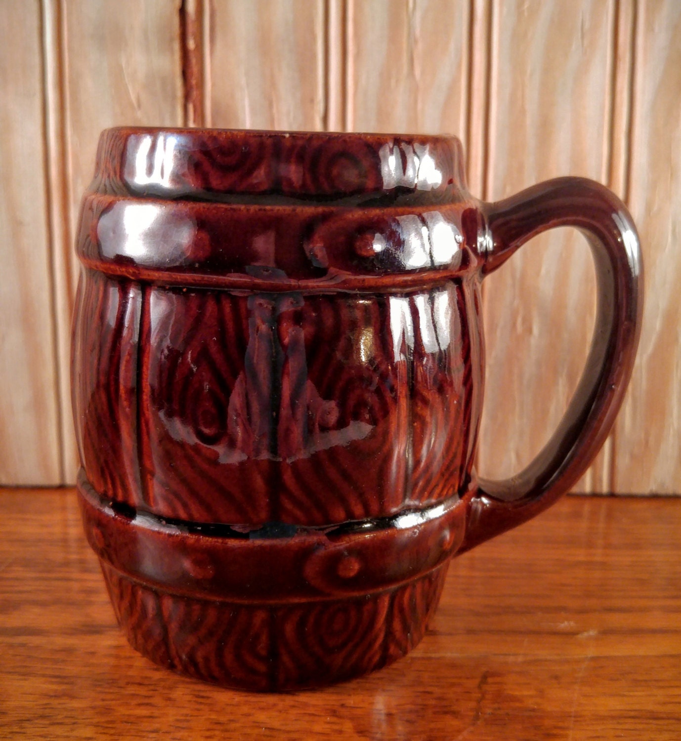 Vintage Barrel Mugs. Brown Ceramic Beer or Root Beer Keg Mugs.