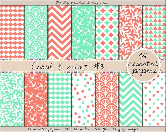 SALE Mint and coral digital paper nautical by TheDigiRainbow