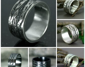 Sterling Silver Tree Bark Textured Ring Band Wood Grain