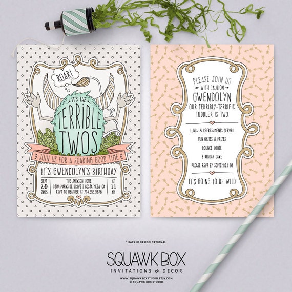 Terrible Twos Birthday Invitation Set GIRL by SquawkBoxStudio