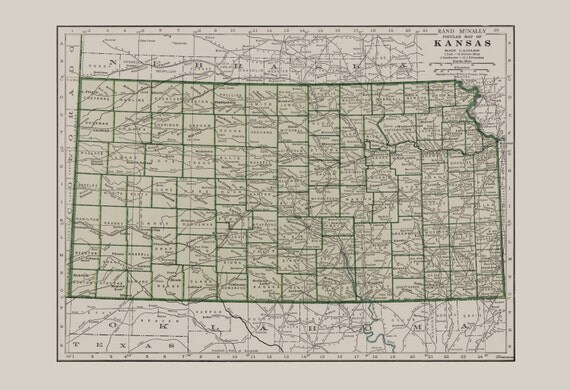 KANSAS MAP PRINT Vintage Map of Kansas Old by EncorePrintSociety