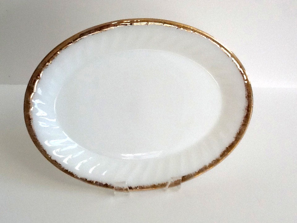 Mid Century Fire King Oval Milk Glass Platter, Swirled Rim Trimmed in ...