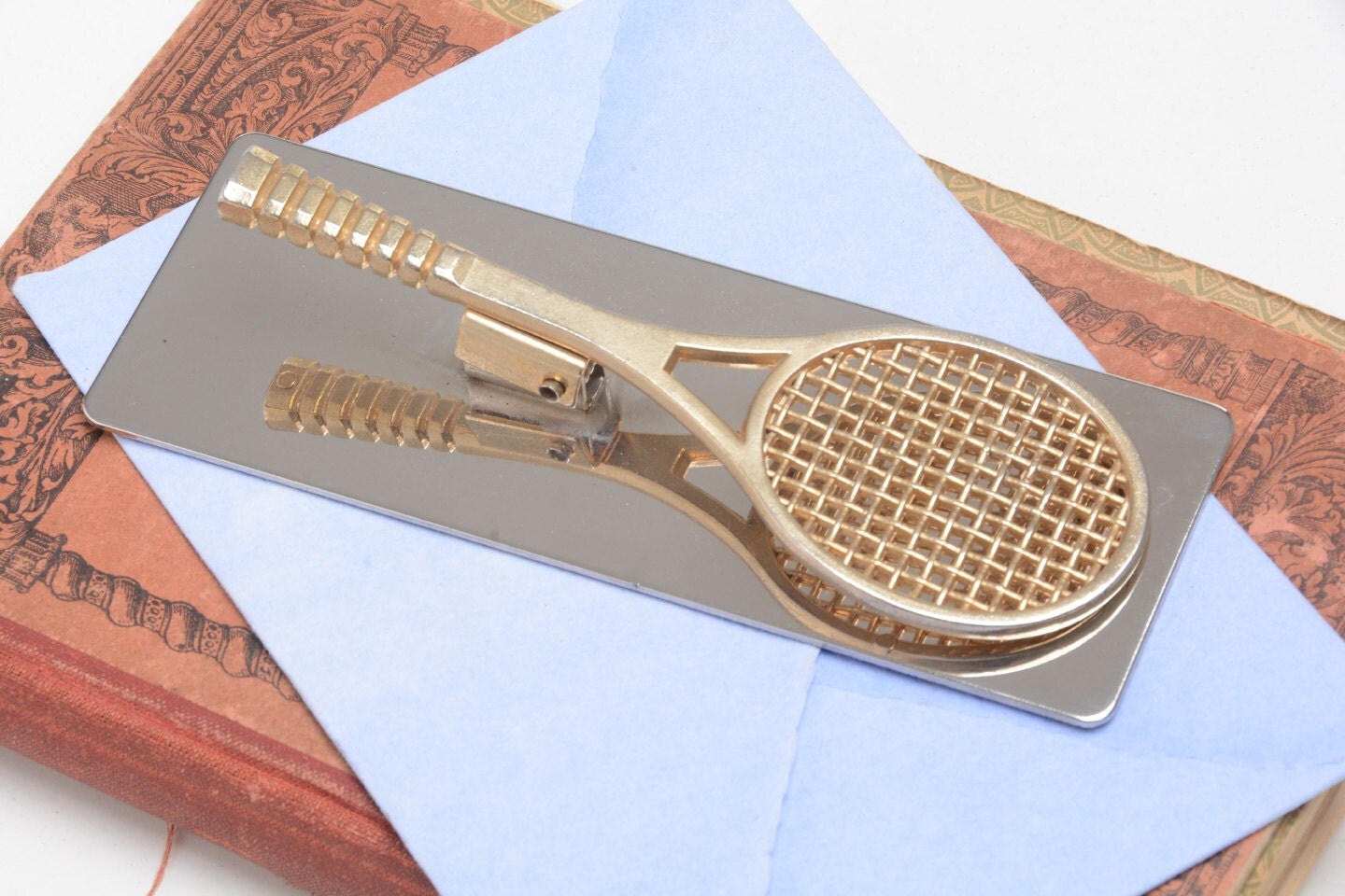 Vintage brass tennis racket paper clip desktop, tennis racket figurine ...
