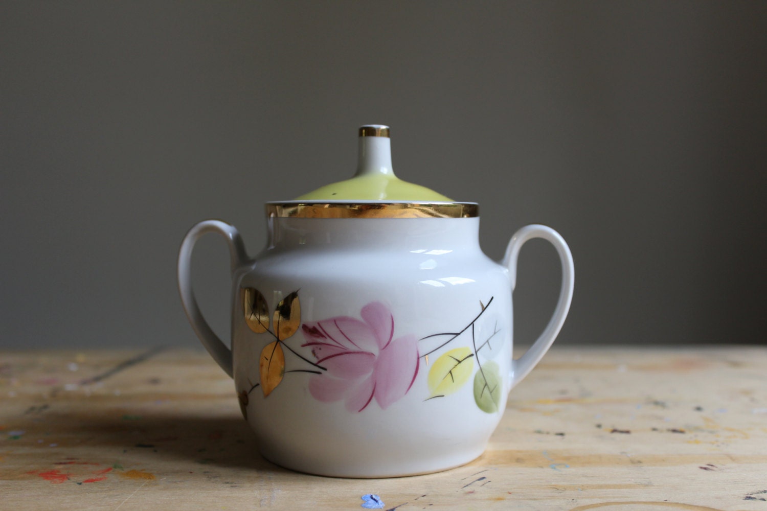 Soviet Hand Painted Sugar Bowl, Vintage Sugar Pot with Flowers. Russian ...