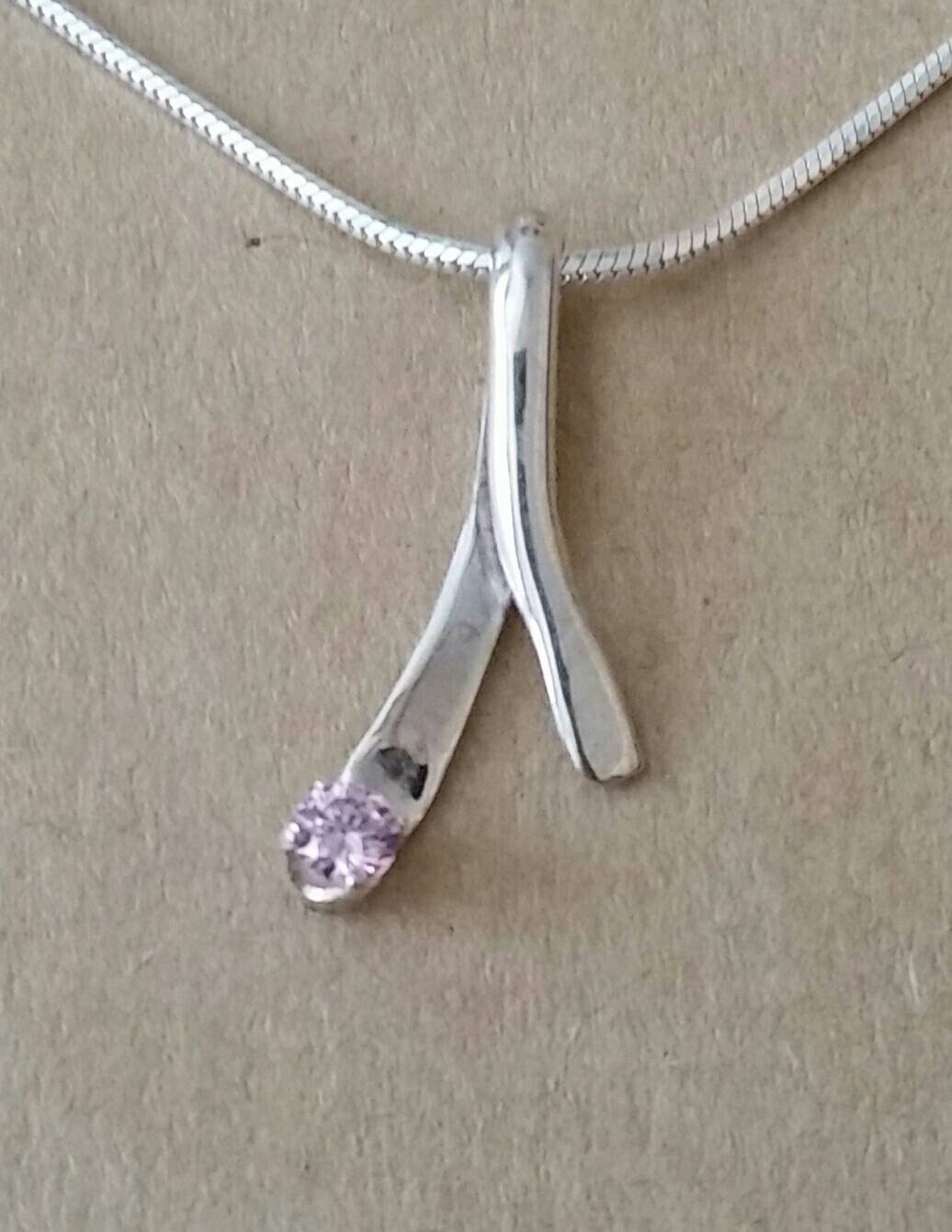 Breast Cancer Ribbon in Sterling Silver w/ Pink CZ gemstone