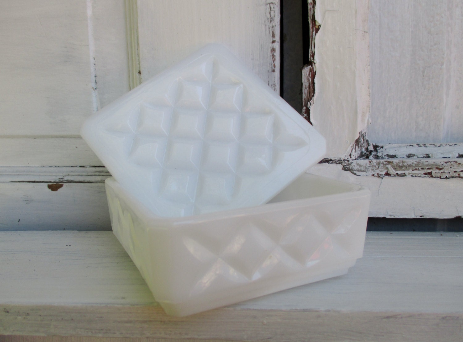 white milk glass box with lid, square milk glass, milk glass, trinket ...