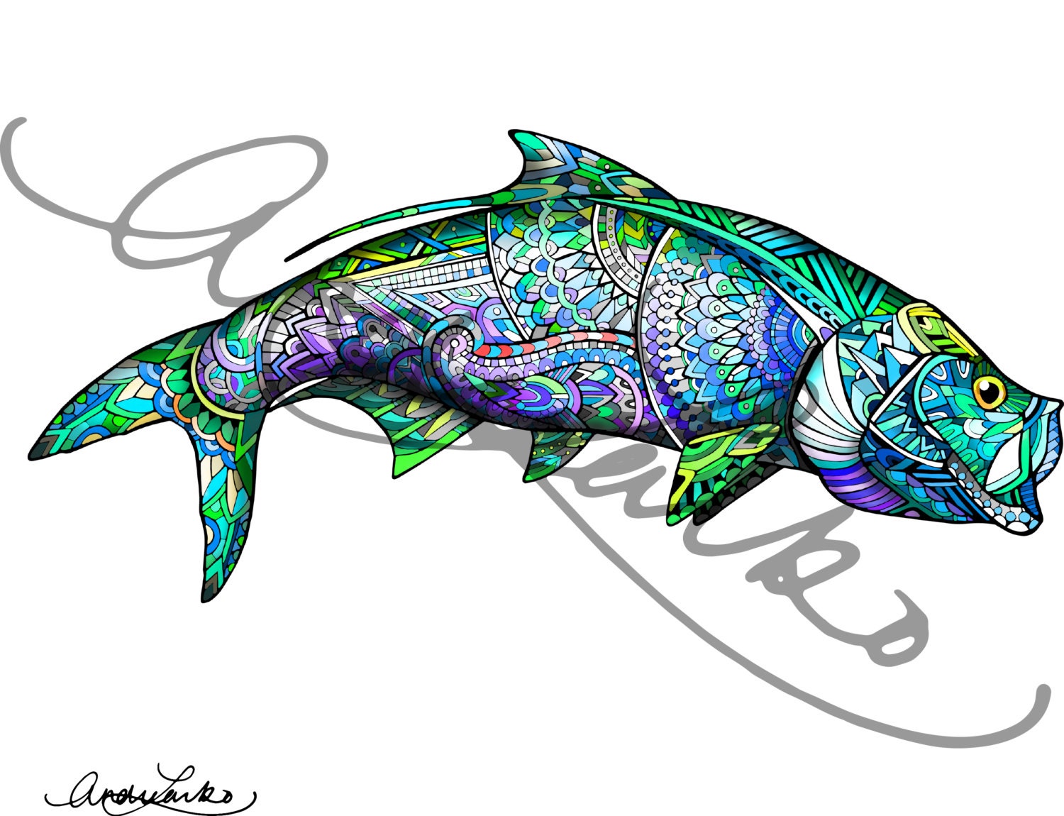 Tarpon Color Zentangle Art Print 8.5x11