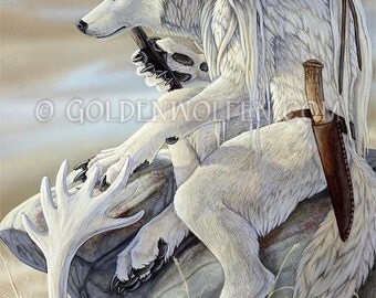 Fantasy Winged Antho Wolf Werewolf Print by goldenwolfart on Etsy