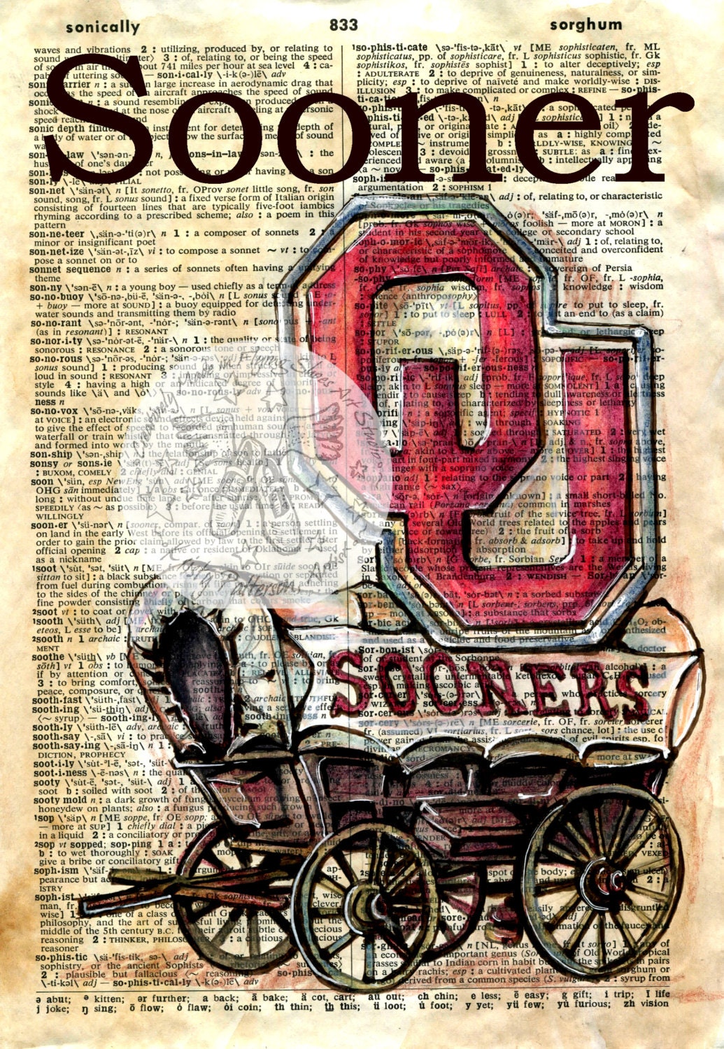 PRINT: University of Oklahoma Logo Drawing on Antique