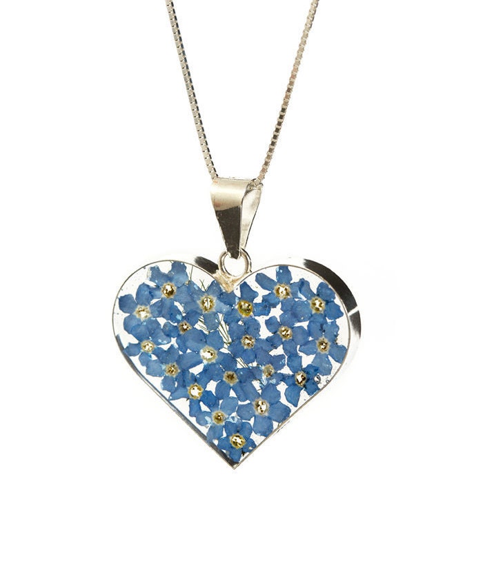 Heart Shaped Real Forget Me Nots set in resin Pendant and