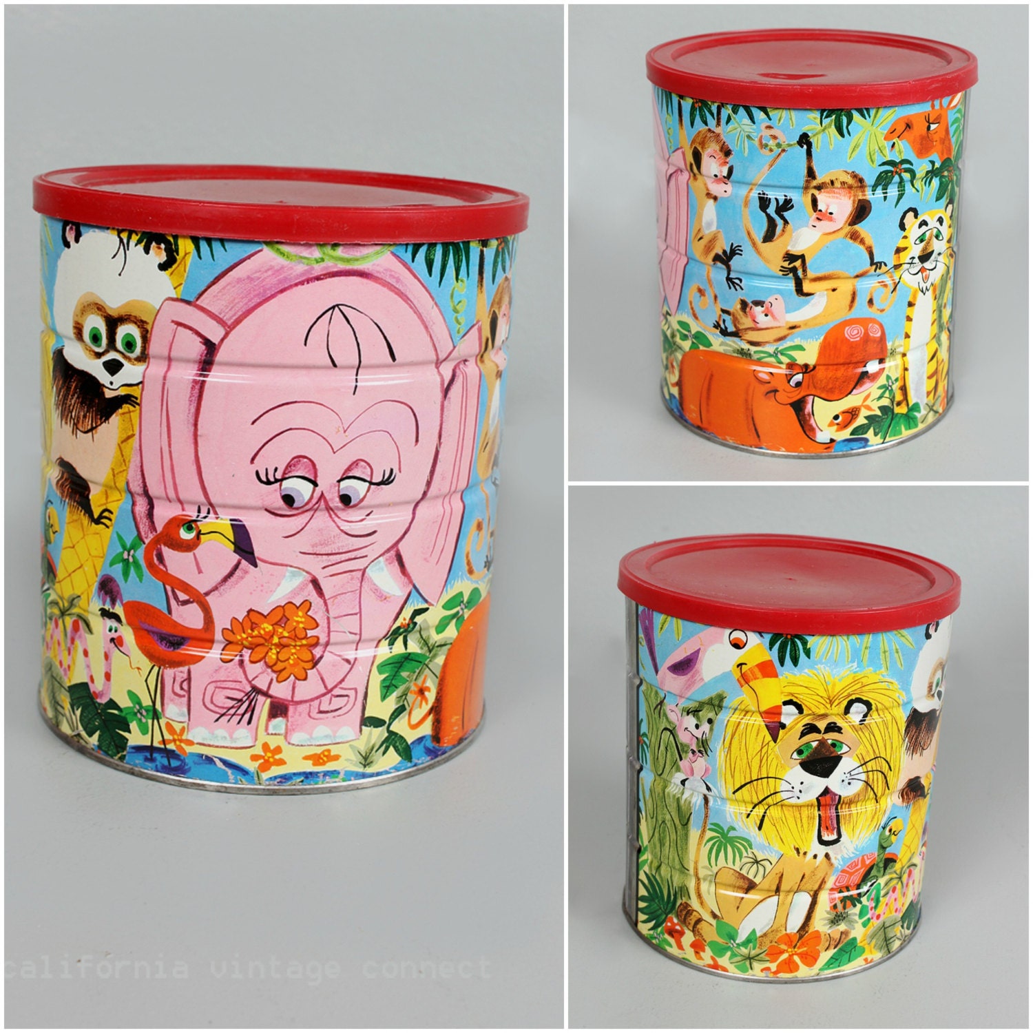 vintage 60’s Coffee Tin Adorable Cartoon Animals Collect able tins ...