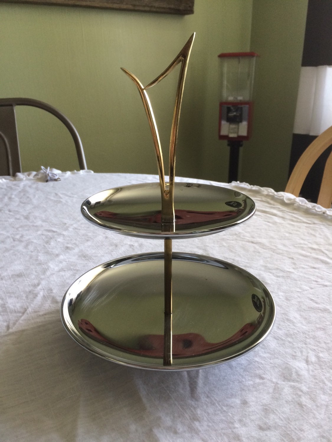 Vintage Mid-Century 2-tiered stand server tray Chome Brass Atomic Tetro ...