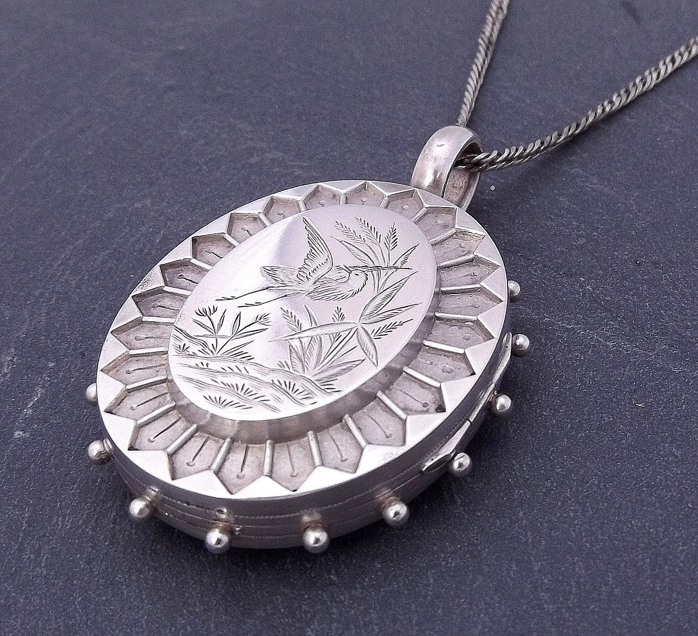 RESERVED. A deposit on – Silver Victorian Locket, Engraved Oval Stork ...