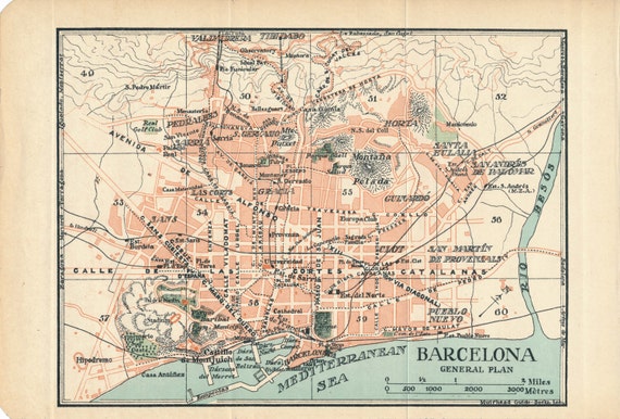 1930 Barcelona Spain Antique Map
