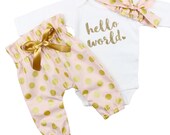 Baby Newborn take home outfit | Pink & Gold Hello World Outfit | Polka ...